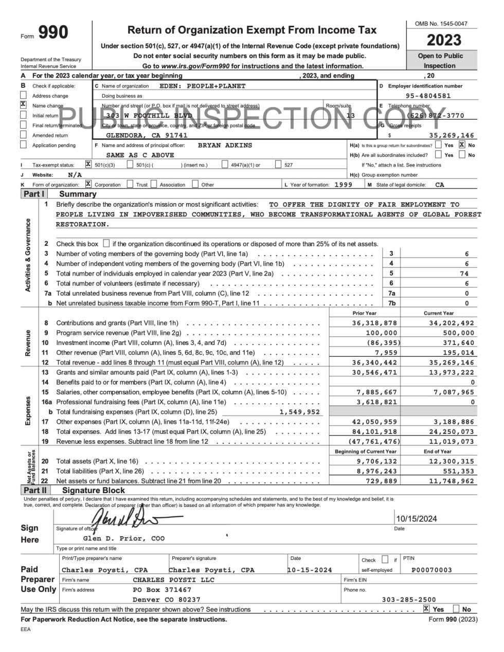 Form 990 - 2023 Tax Year - Eden: People+Planet